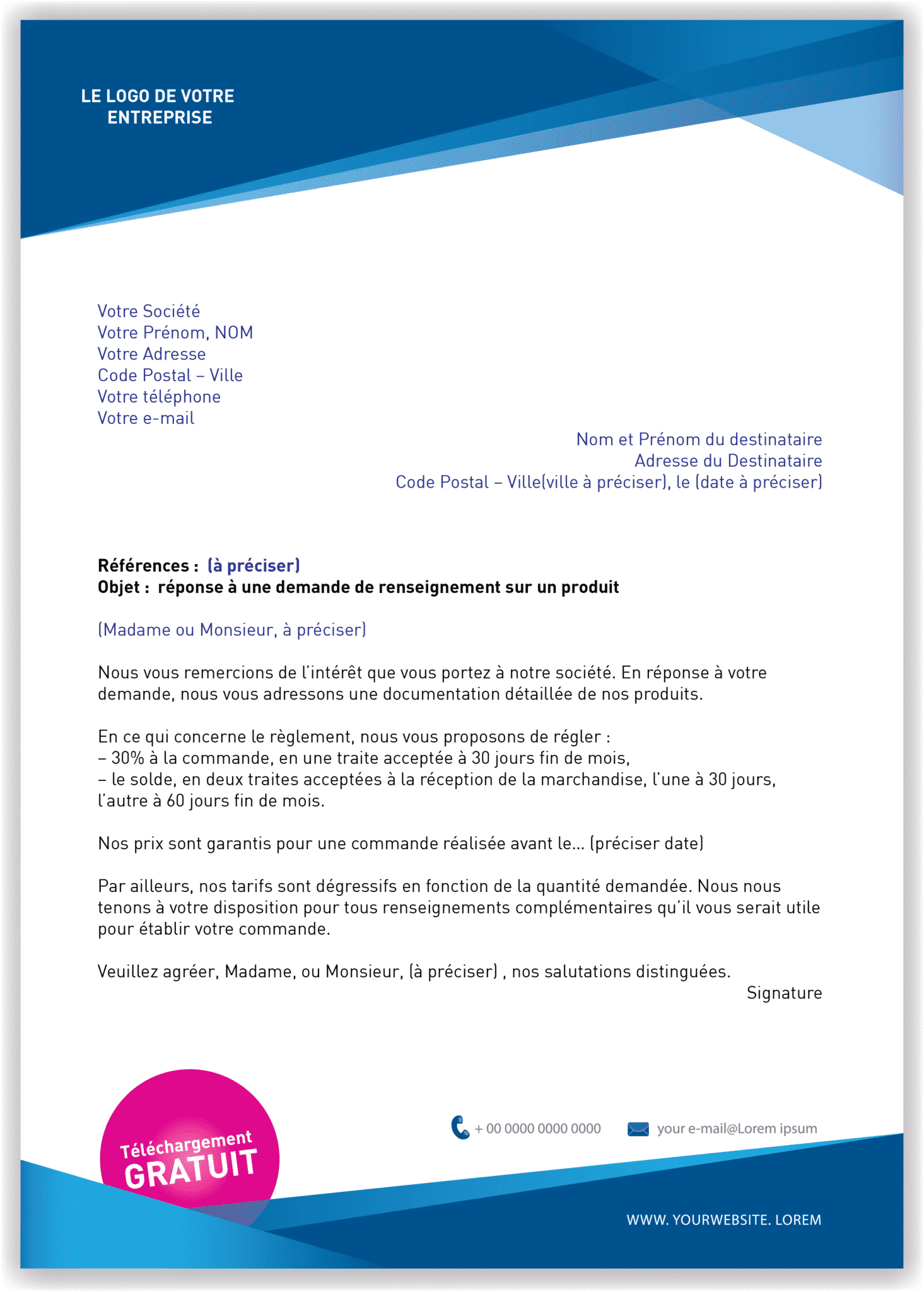 Lettre pour répondre à une demande de renseignements produit