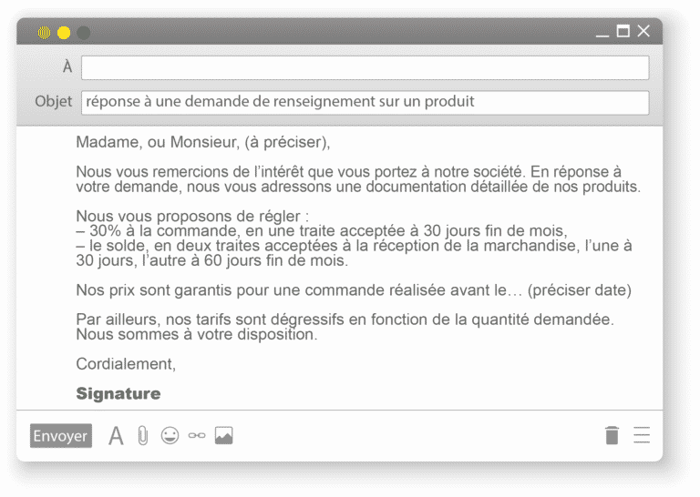 Lettre pour répondre à une demande de renseignements produit