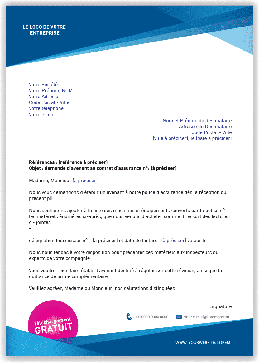 Lettre type de demande d'avenant pour assurer du matériel