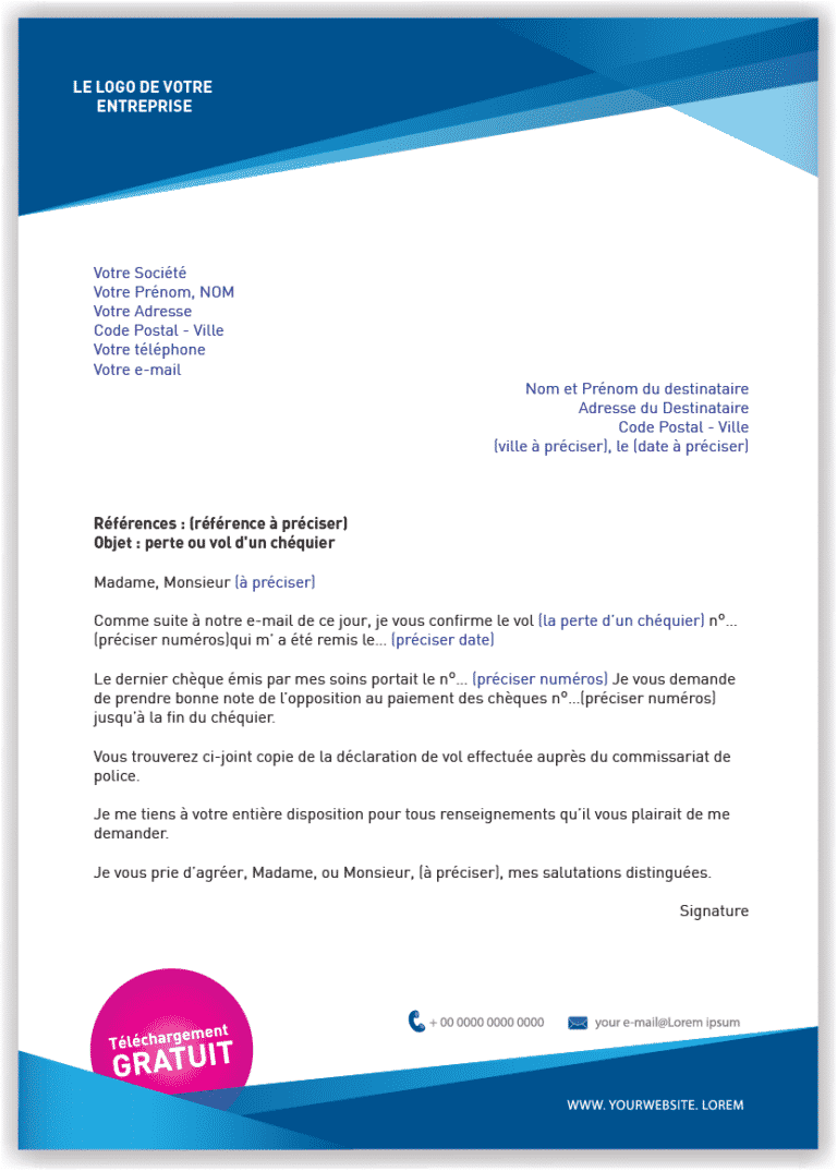 Lettre type de déclaration de perte ou de vol de chéquier