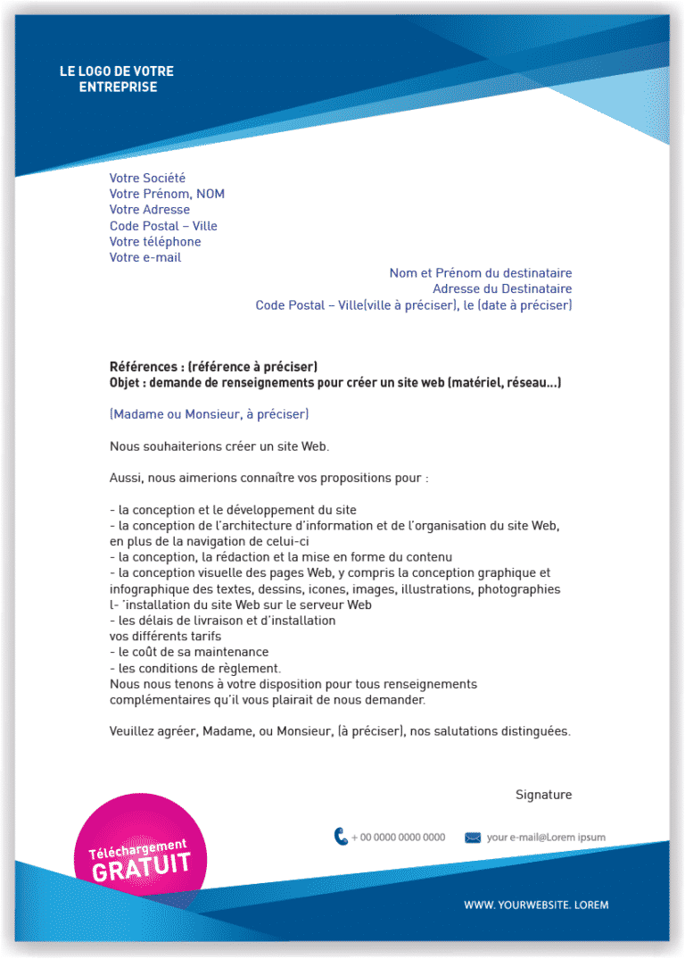 Demande de renseignements pour l'installation d'un site Web